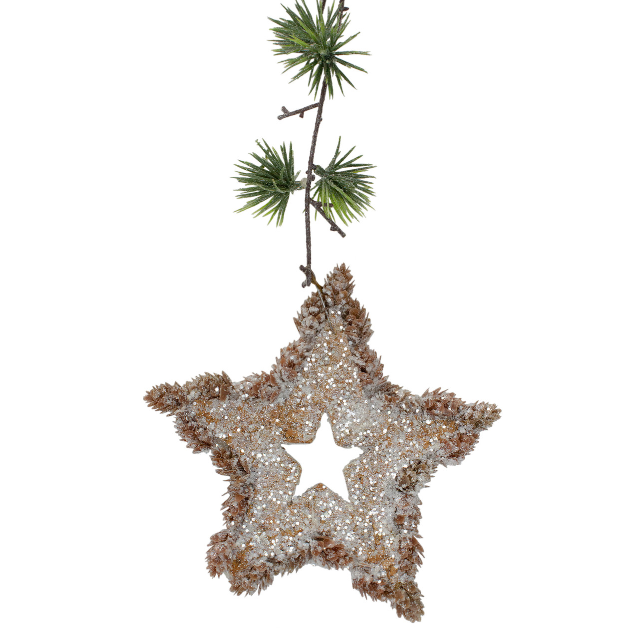 25" Brown & Green Artificial Mini Pine Needle Sprig with Star Hanging ...