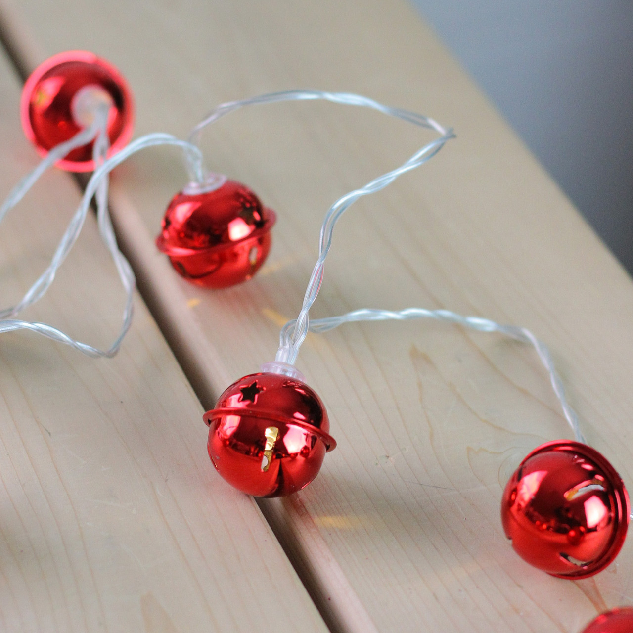 8 Battery Operated Red LED Jingle Bell Christmas Lights - Clear Wire ...