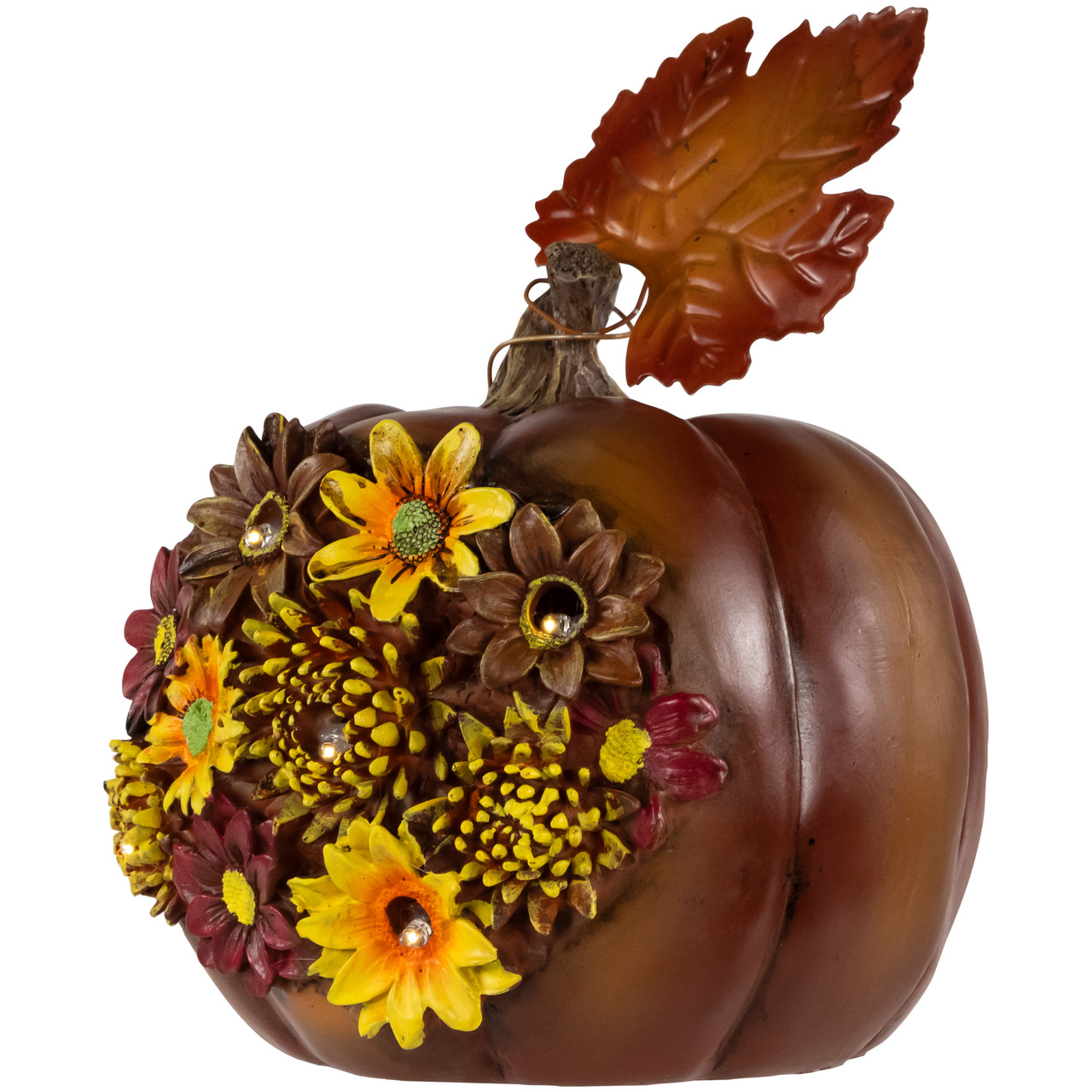 8" Lighted Solar Powered Floral Fall Harvest Pumpkin Outdoor Decoration ...