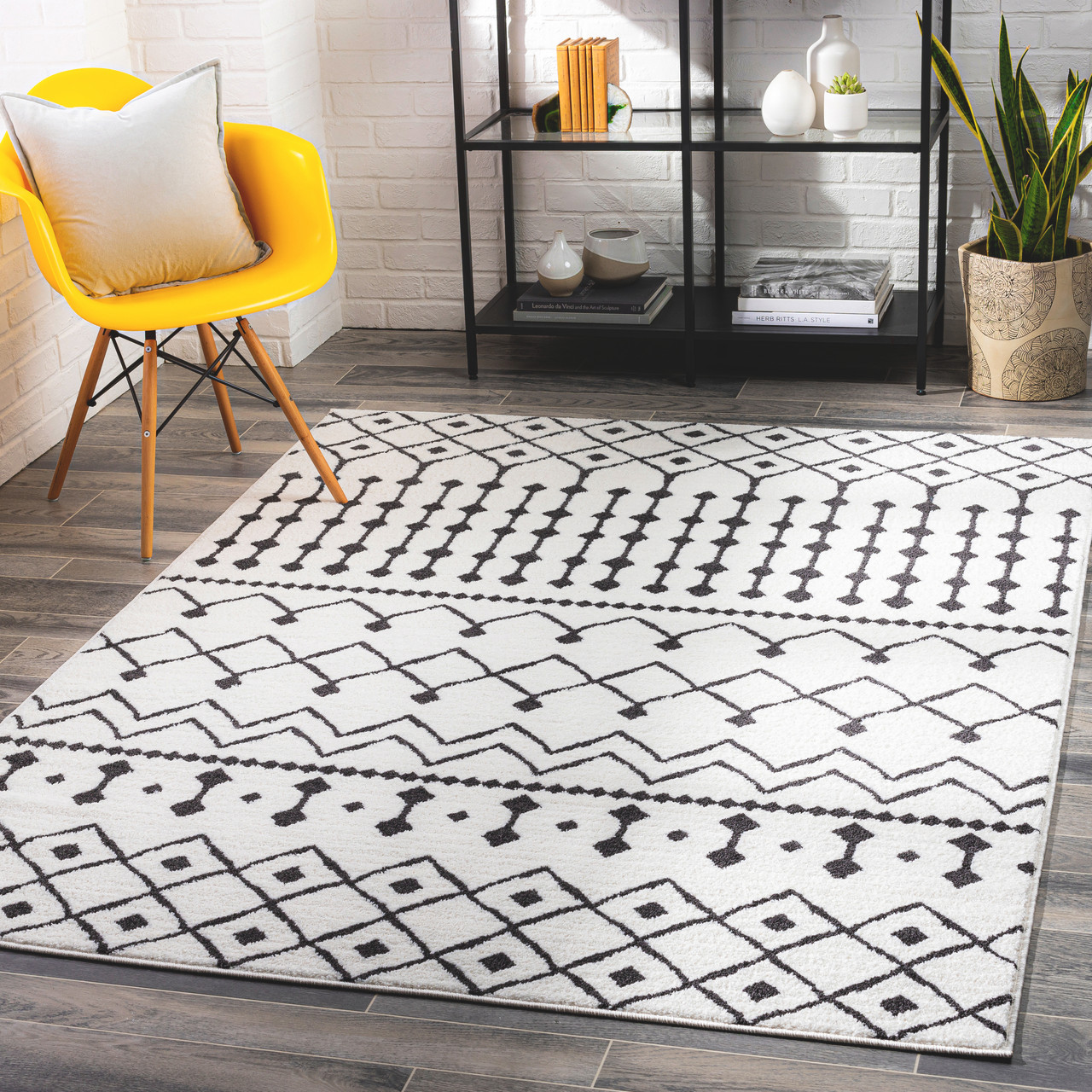 4'3" x 5'11" Scandinavian Ethnic Pattern White & Black Rectangular ...