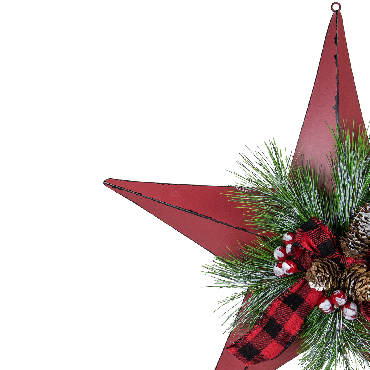 17" Red distressed 5 point Christmas Star With Plaid Ribbon with ...