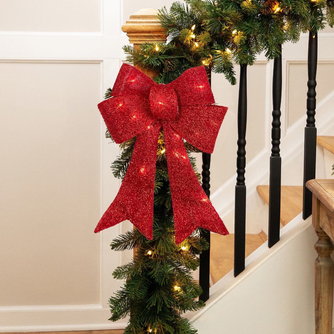 19" LED Lighted Red Tinsel Bow Christmas Decoration | Christmas Central