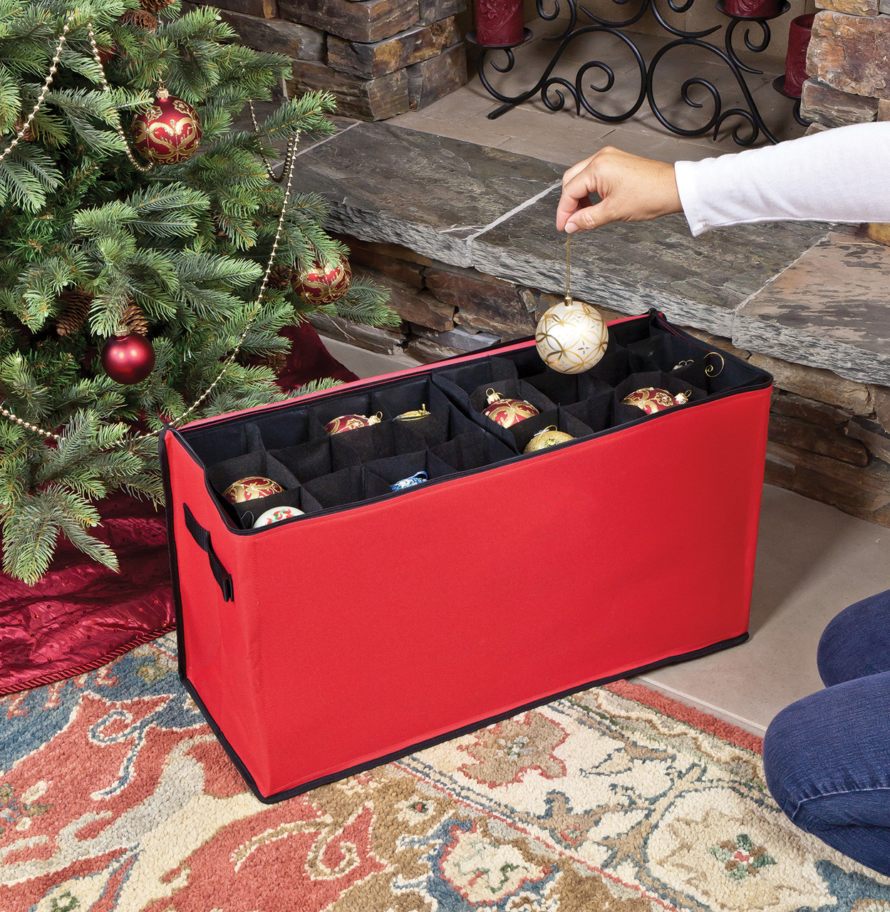 96ct Red & Black Zip Up Christmas Ornament Storage Tub | Christmas Central