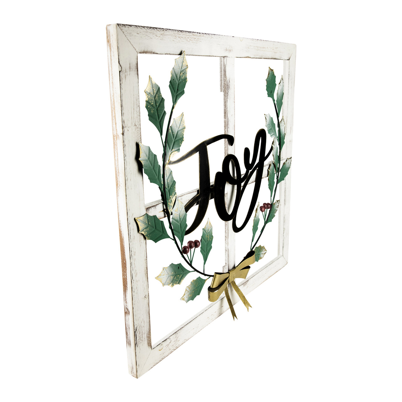 23.75" Joy Window Frame with Holly Christmas Wall Sign | Christmas Central