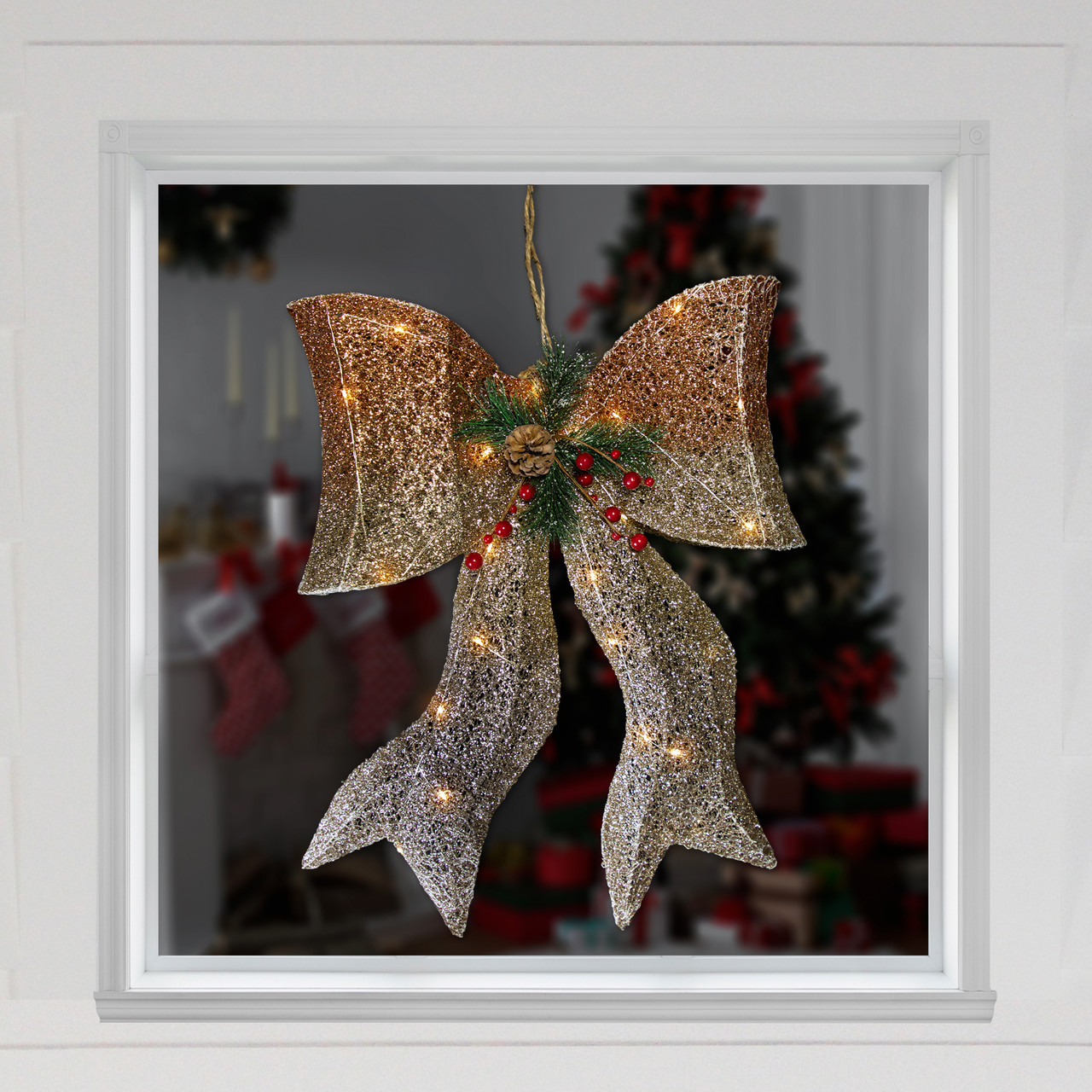 23" LED Lighted Champagne Gold Ombre Mesh Bow Christmas Decoration ...