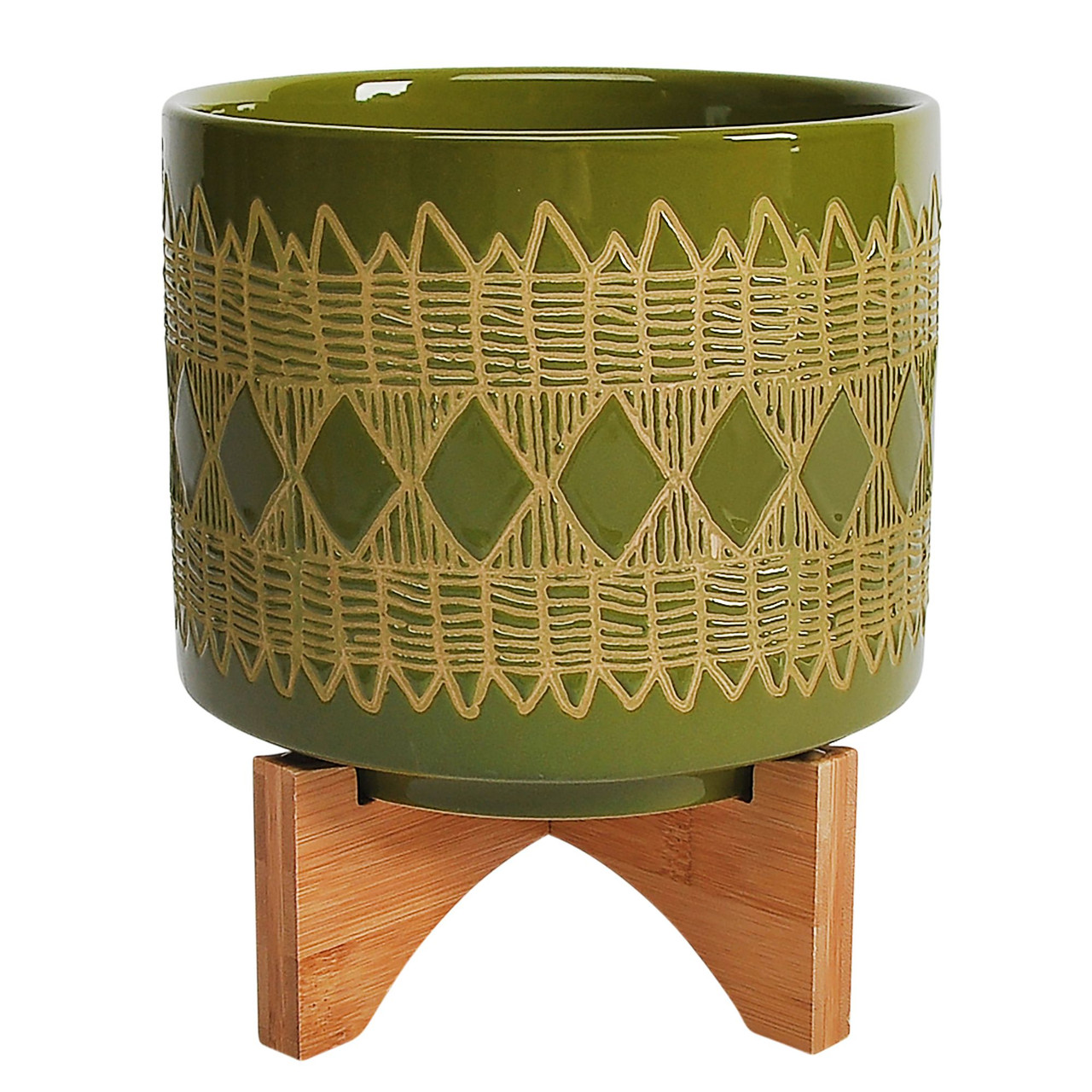 Ceramic Aztec Planter with Stand - 11" - Green | Christmas Central