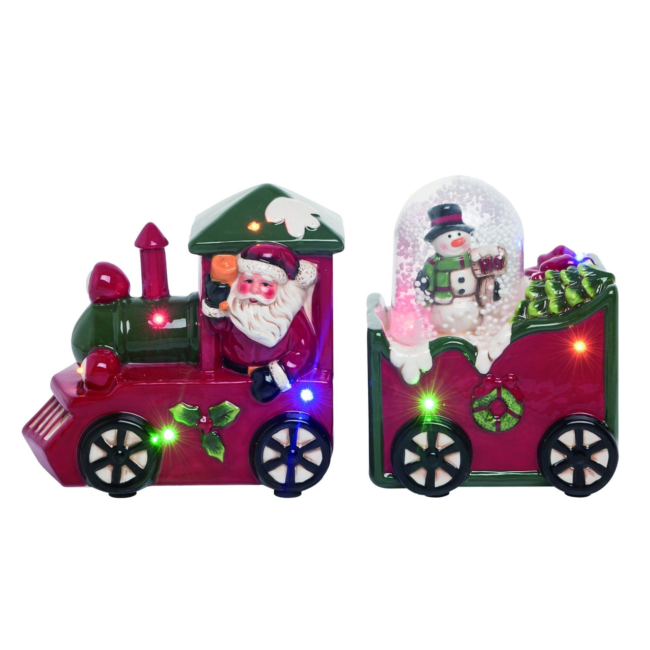 Set of 2 Lighted Red Christmas Snow Trains with Santa & Snowman 7 ...