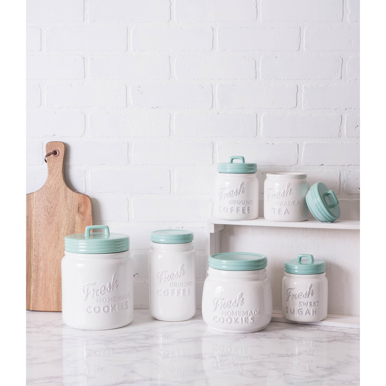 Set of 3 Aqua Blue Ceramic Jar Canisters | Christmas Central