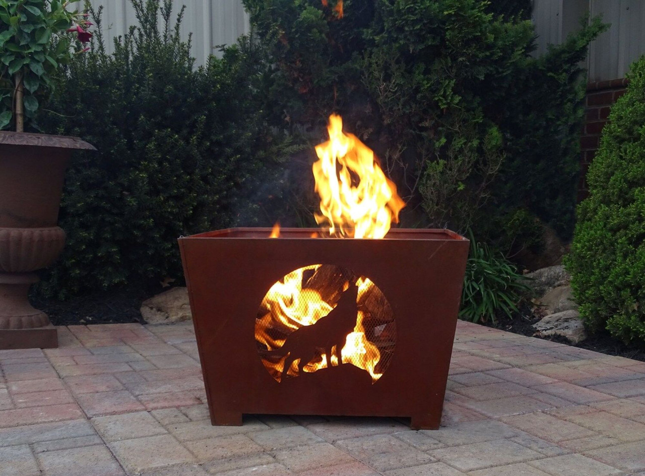 24" Brown Rustic Finish Wolf Square Outdoor Fire Basket | Christmas Central