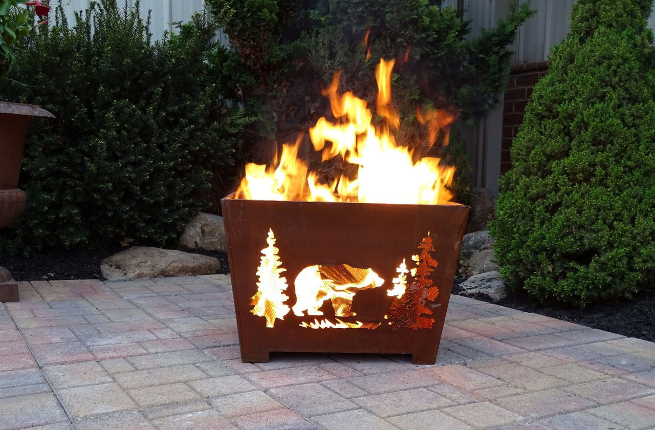 24" Brown Rustic Finish Bear Square Outdoor Fire Basket | Christmas Central