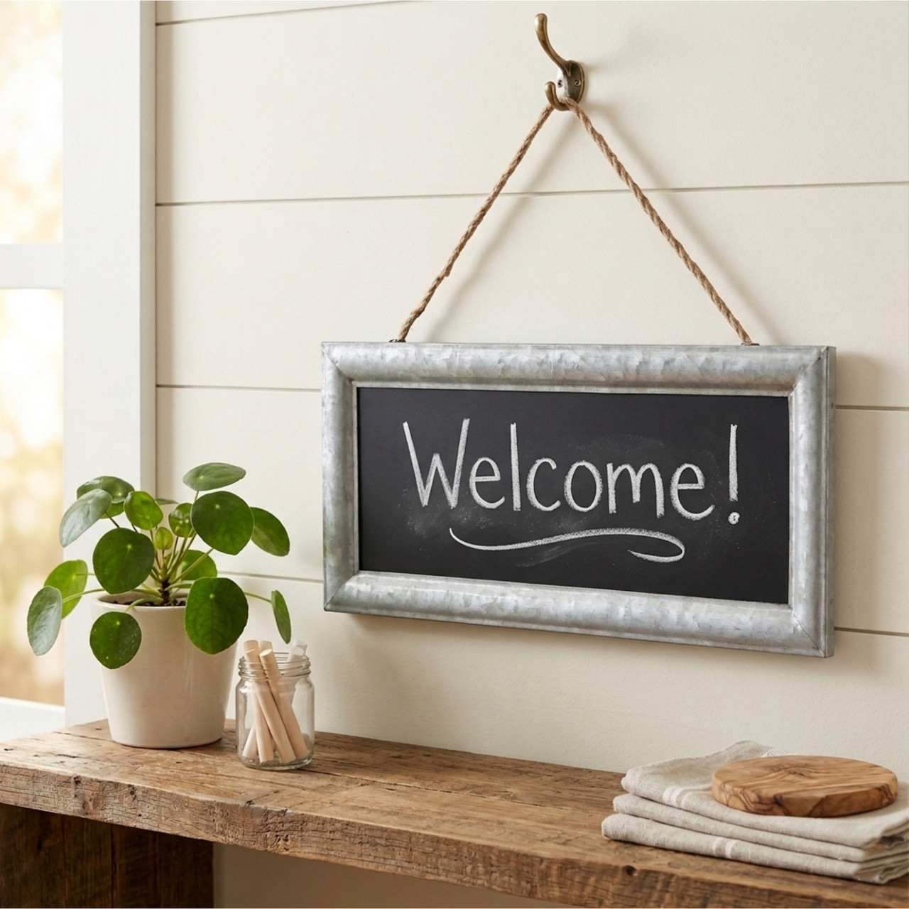 21.5" Black & Galvanized Gray Rectangular Chalkboard with Hanging Rope ...