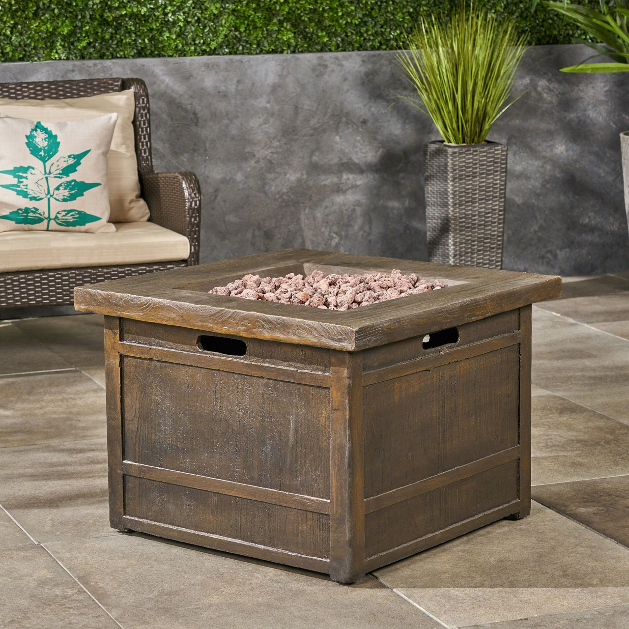 32" Natural Brown Distressed Finish Square Outdoor Patio Fire Pit ...
