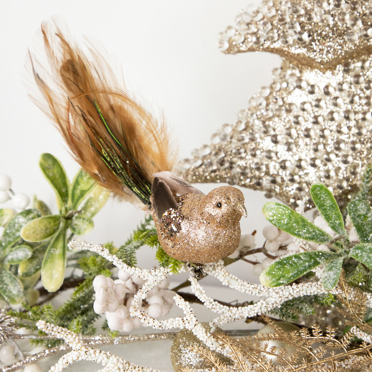 Glitter Bird with Feather Tail Clip On Christmas Ornament - 8" - Gold ...