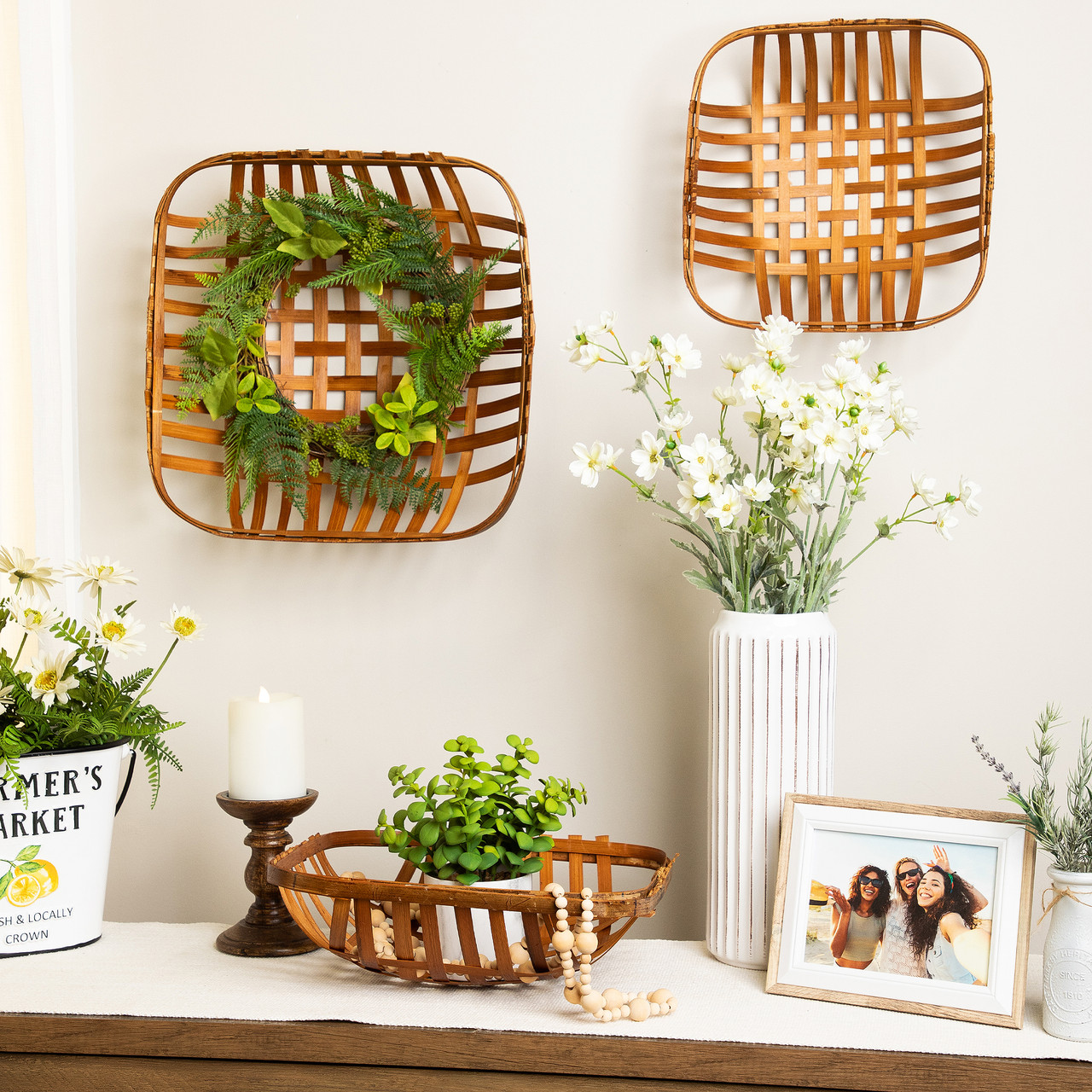 Set of 3 Brown Square Lattice Tobacco Table Top Baskets | Christmas Central
