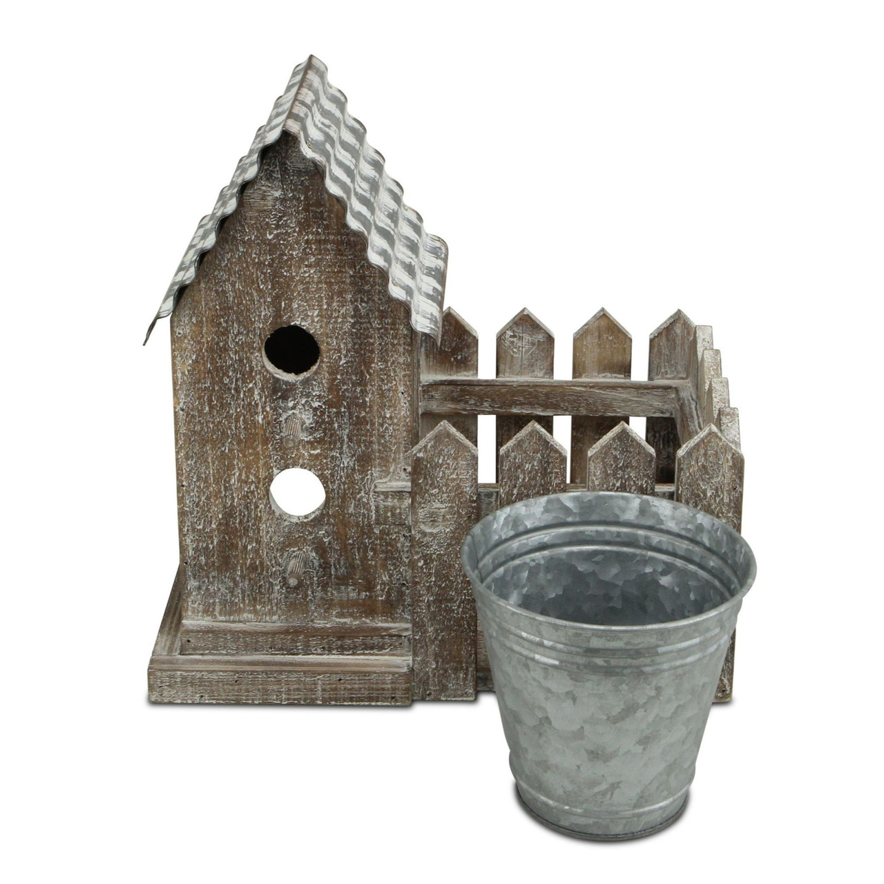 12.5" Brown & Gray 2 Story Bird House with Galvanized Planter Pot ...