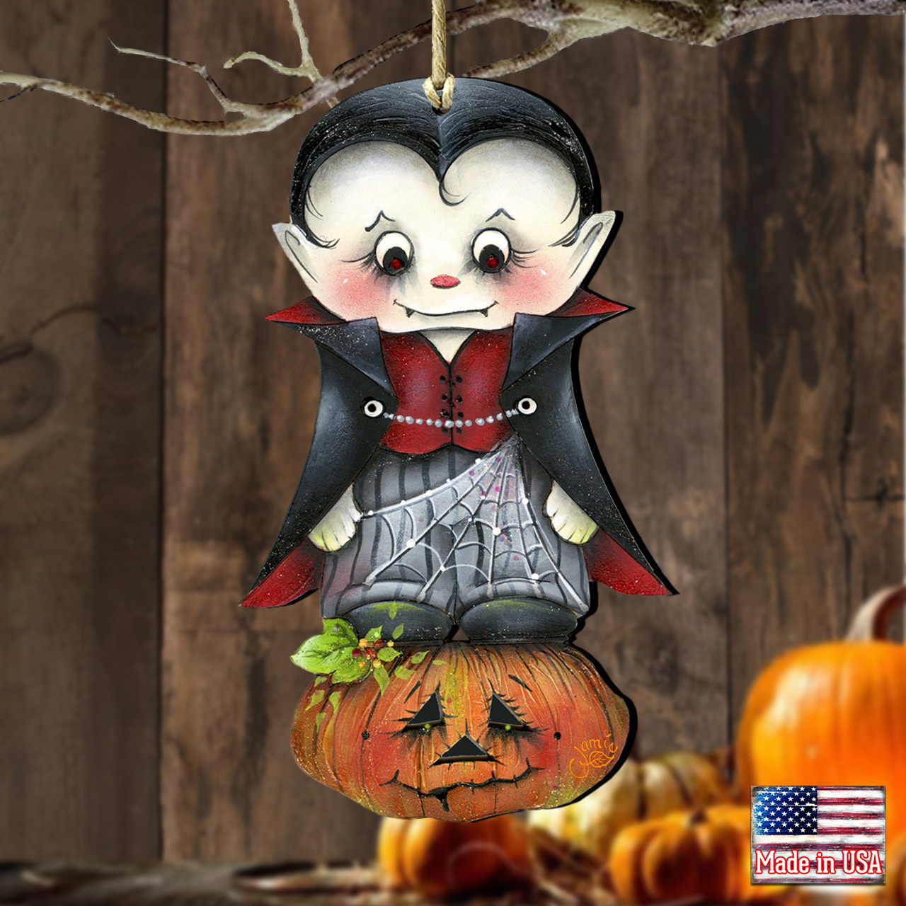 Set of 2 Dracula Pumpkin Wooden Halloween Ornaments 5.5" | Christmas ...