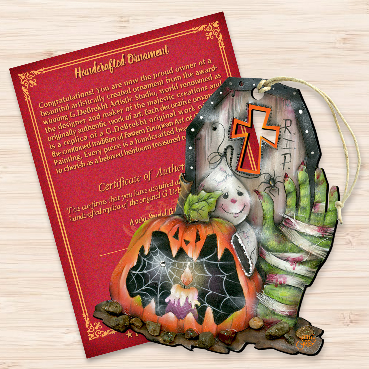 Set of 2 Pumpkin Zombie Graveyard Wooden Halloween Ornaments 5.5 ...