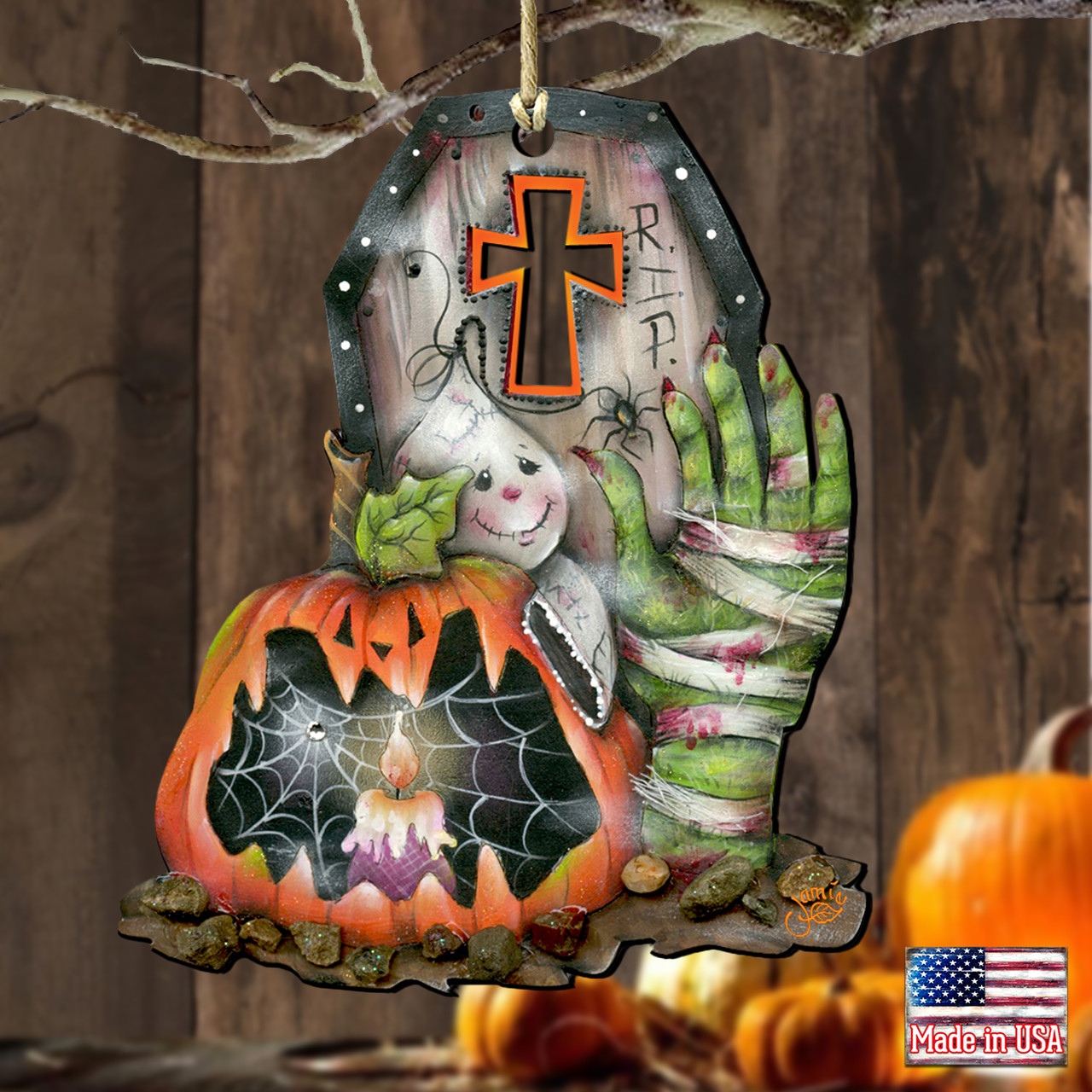 Set of 2 Pumpkin Zombie Graveyard Wooden Halloween Ornaments 5.5 ...