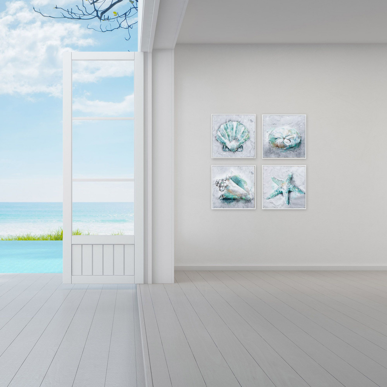 Set of 4 Blue & White Sea Life Square Wall Art Decorations 12" x 12 ...