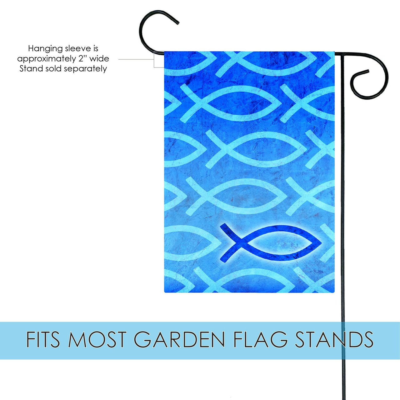 Blue Ichthys Jesus Fish Outdoor Garden Flag 18" x 12.5" | Christmas Central
