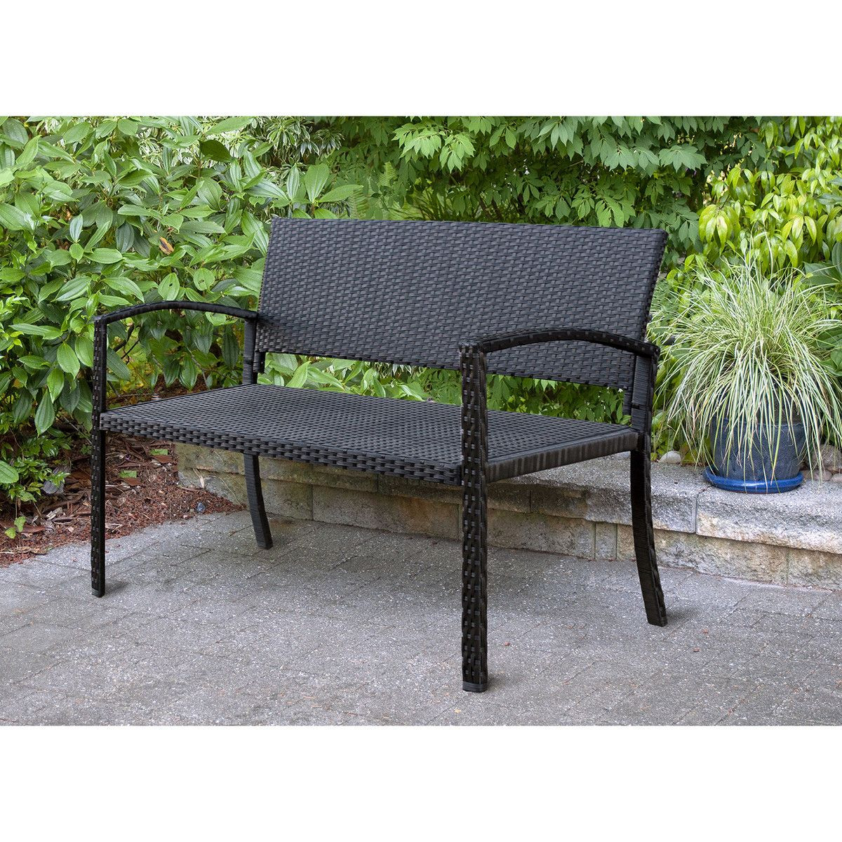 47" Black Jackie Handwoven Outdoor Patio Wicker Bench | Christmas Central
