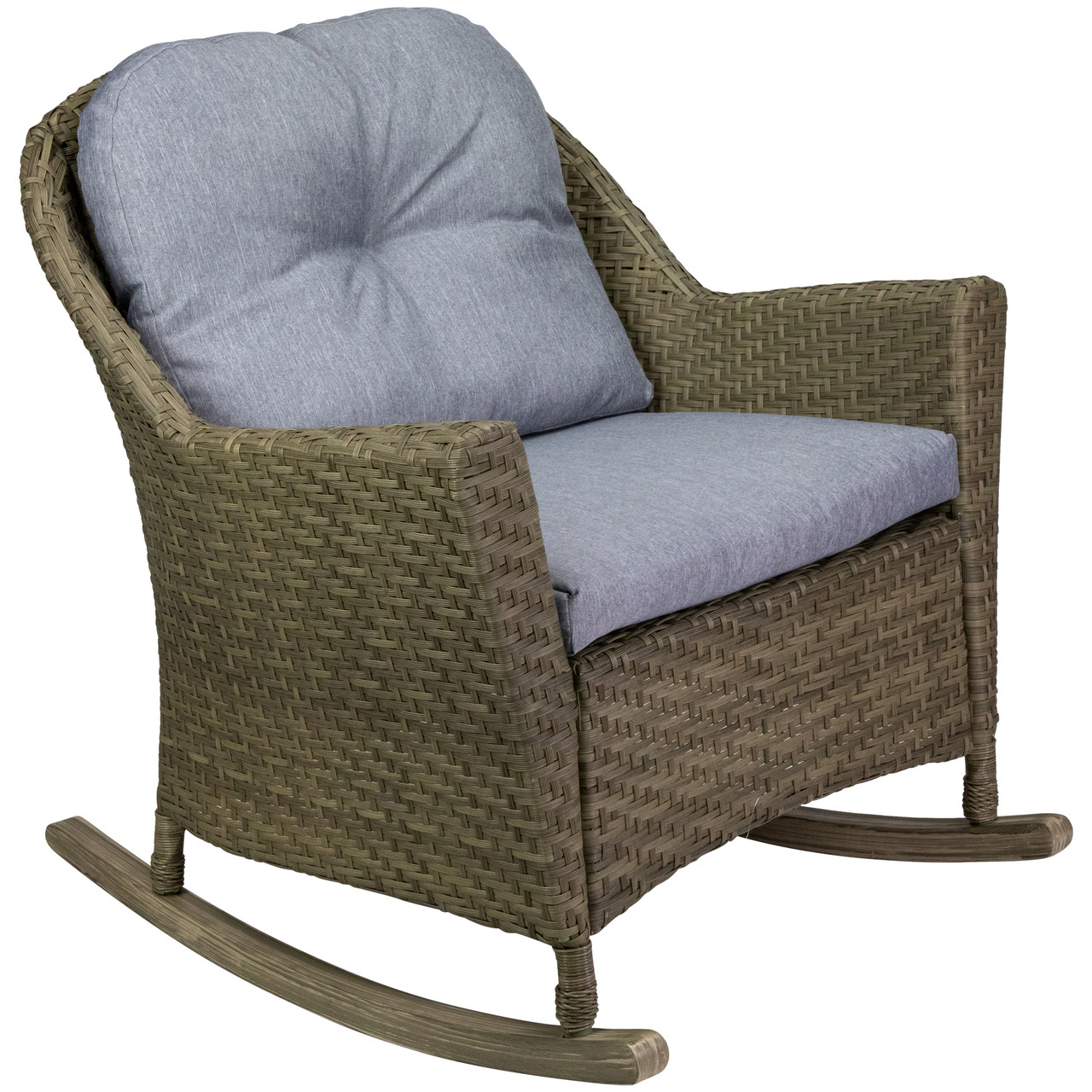 34" Gray Resin Wicker Deep Seated Rocker Chair with Gray Cushions ...