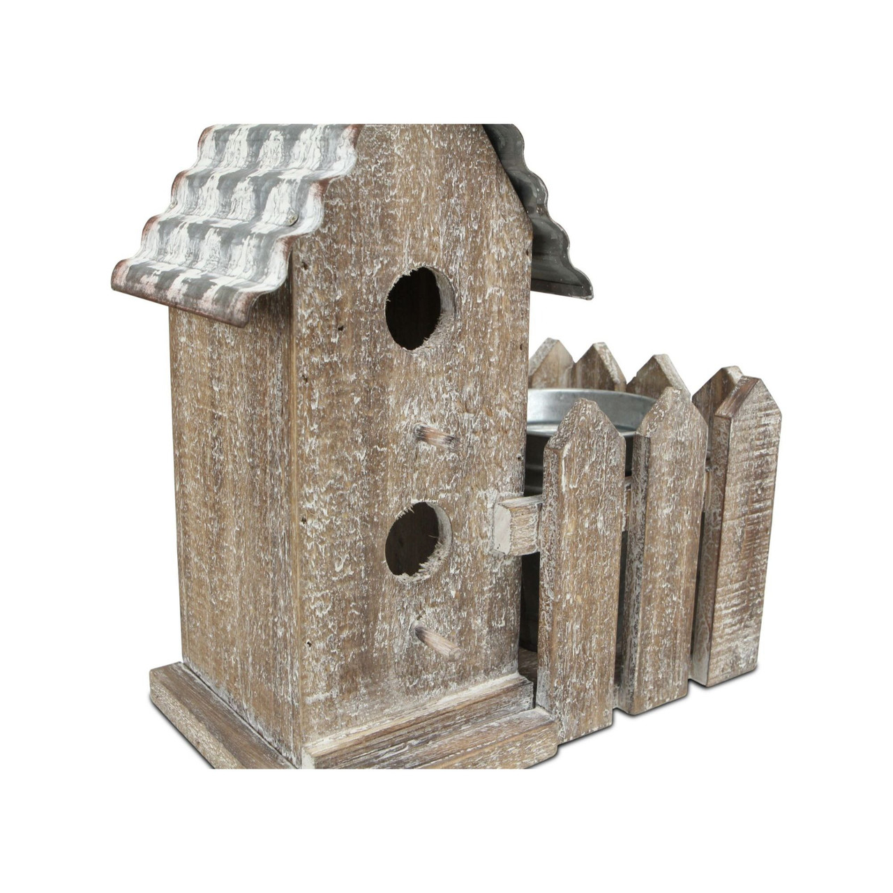11" Brown & White 2 Story Bird House with Galvanized Pot in Yard ...