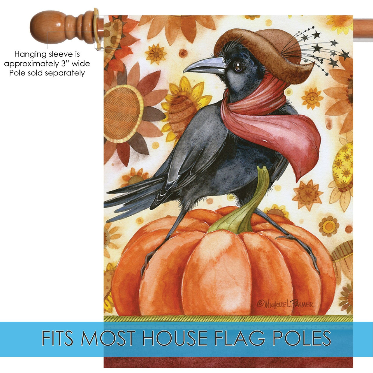 Orange & black Crow Lady Outdoor House Flag 40" x 28" | Christmas Central