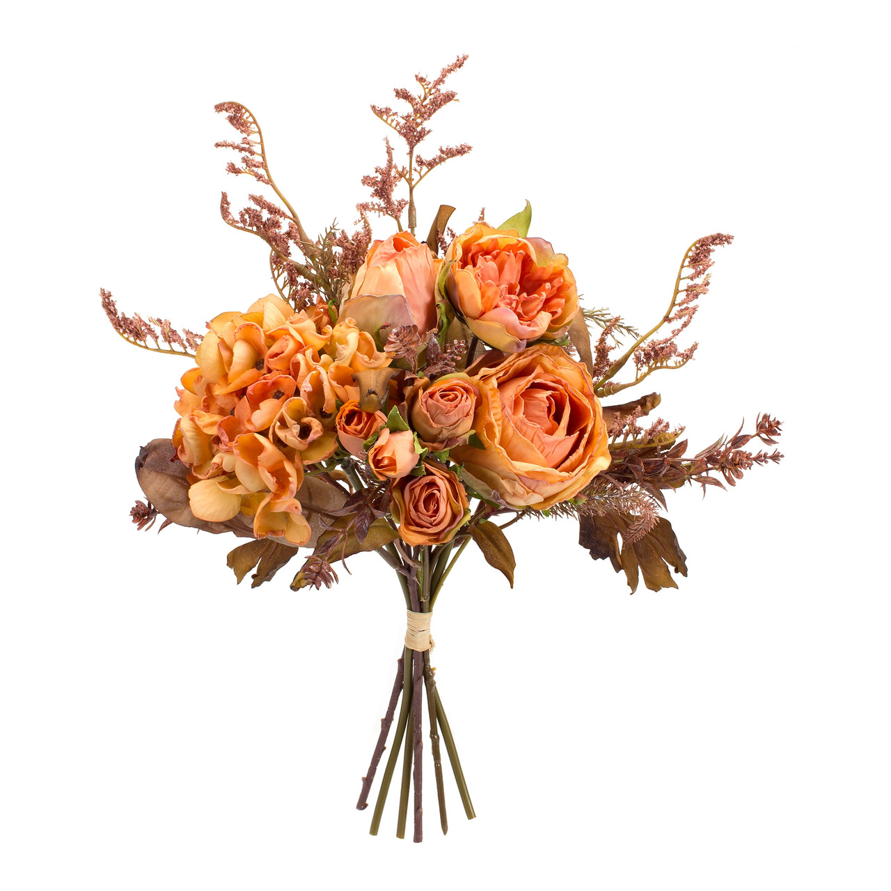 Rose & Foliage Fall Harvest Bouquet - 15" - Orange & Brown - Set of 6 ...