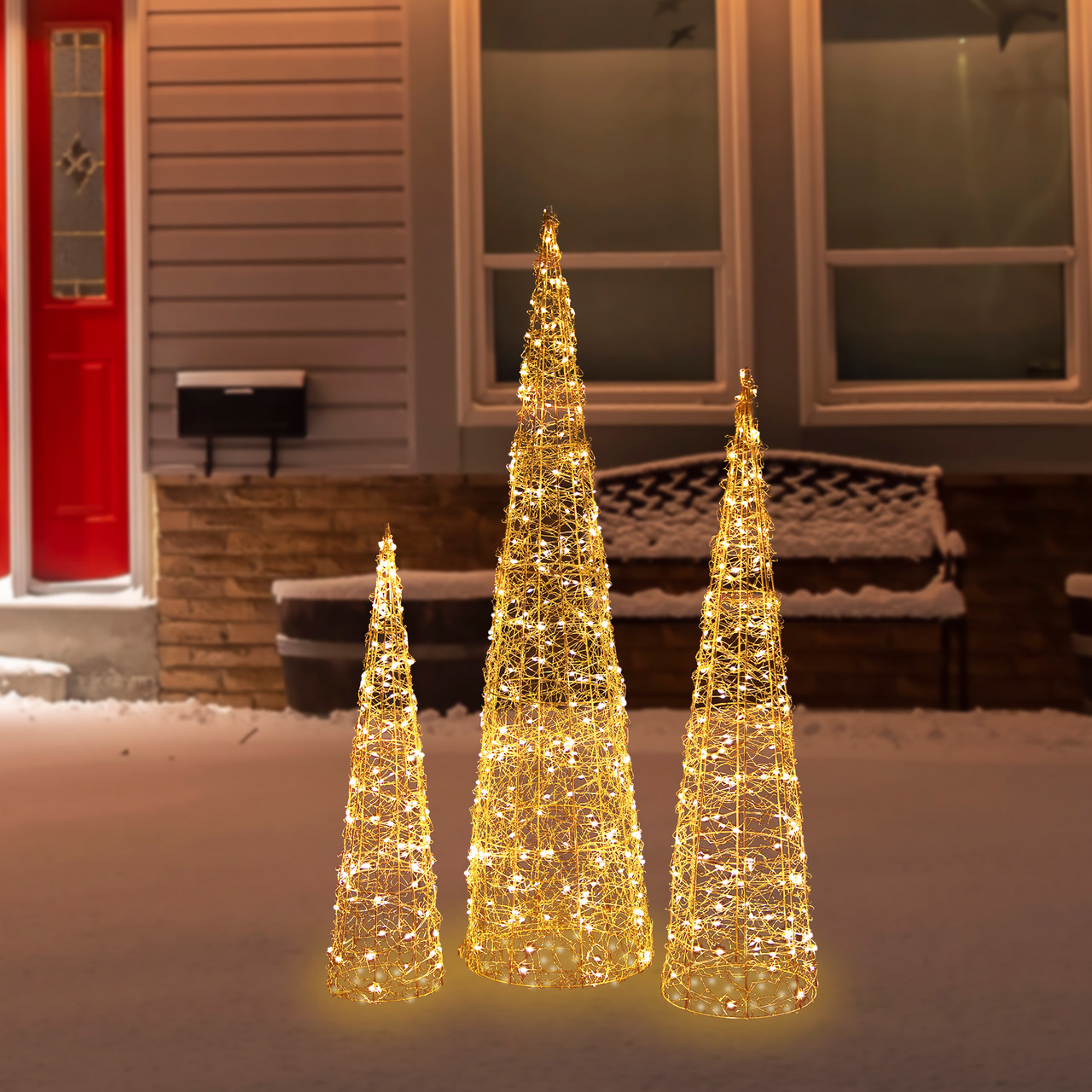 Set of 3 LED Twinkle Lighted Copper Mesh Cone Trees Outdoor Christmas ...