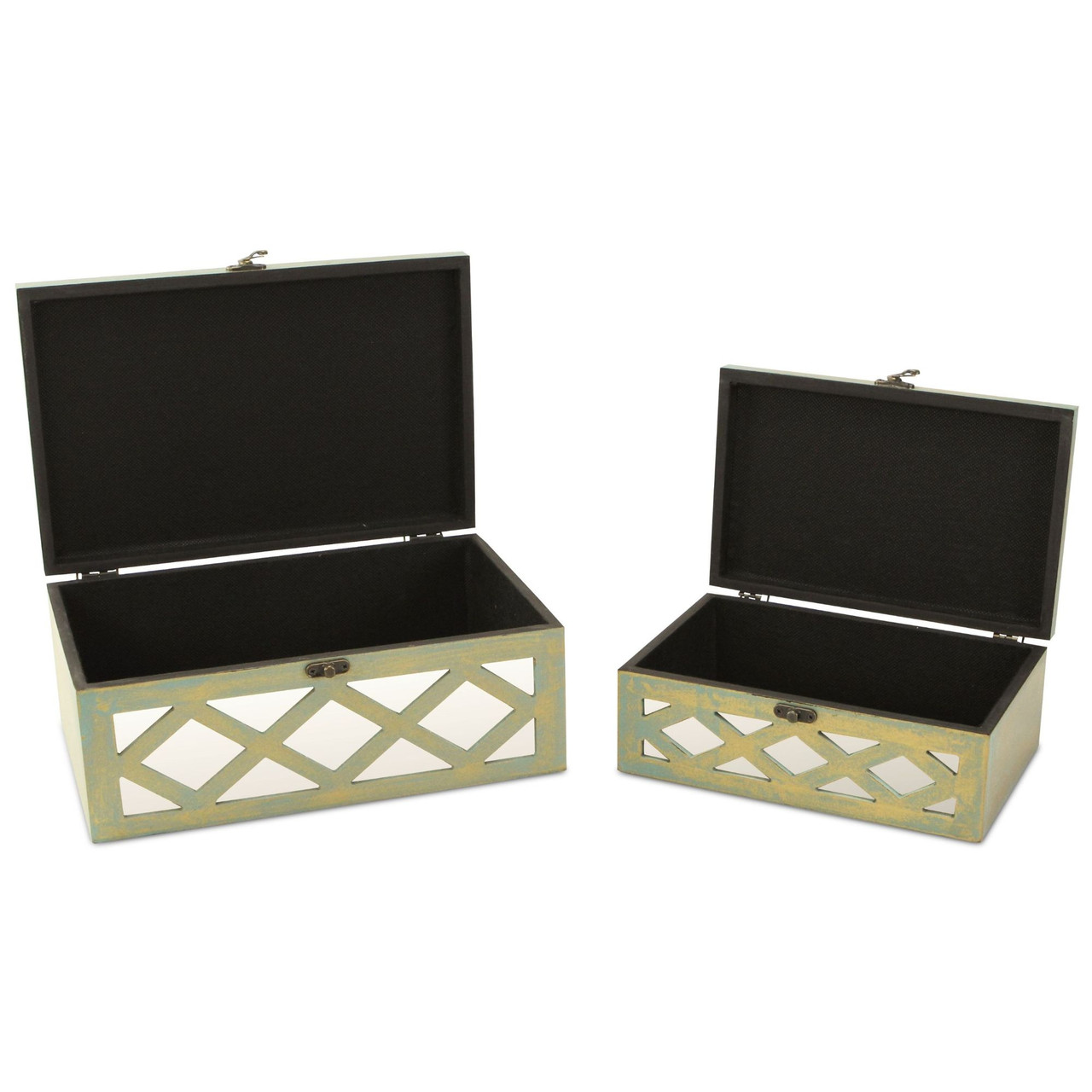 Set of 2 Gold Brushed Lattice Pattern Storage Boxes with Front & Top ...