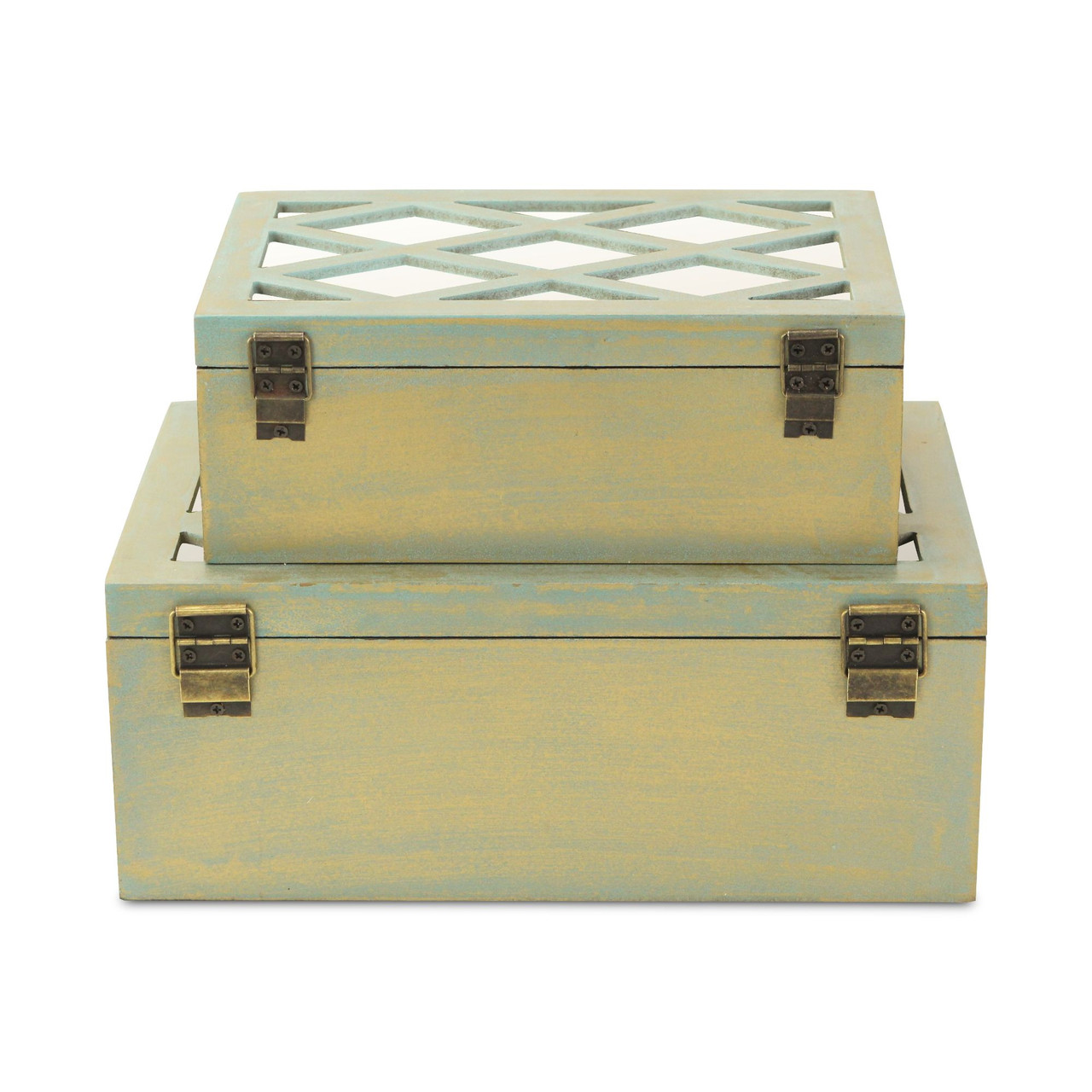 Set of 2 Gold Brushed Lattice Pattern Storage Boxes with Front & Top ...