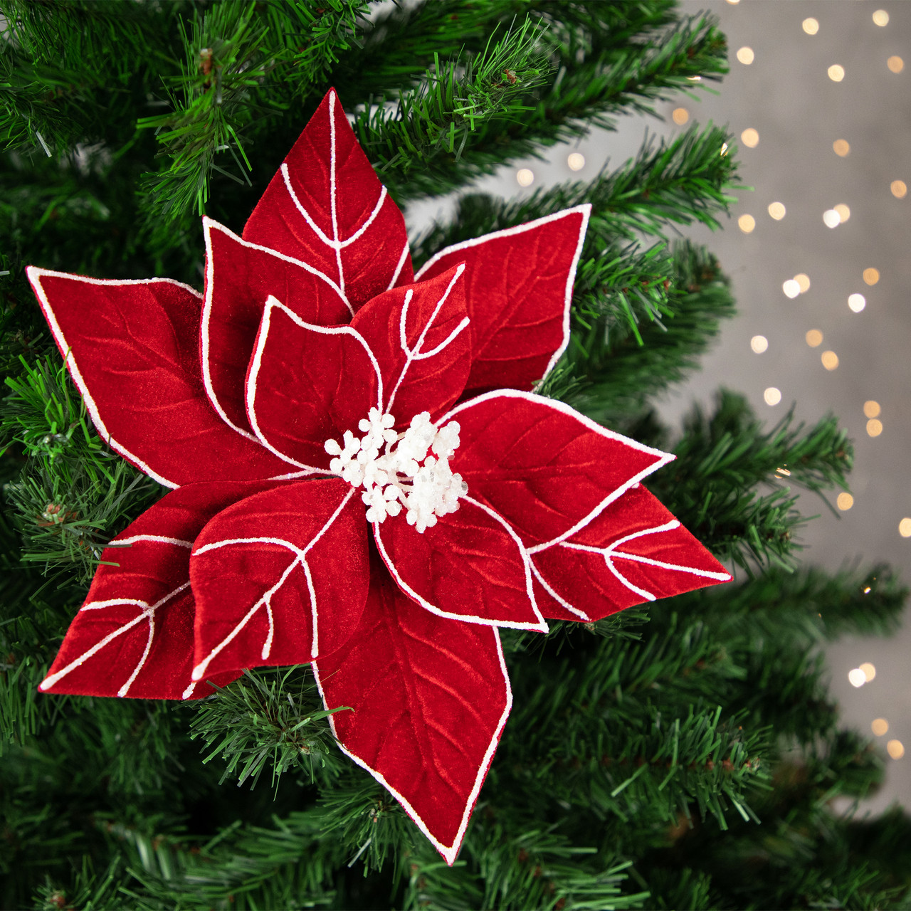 20" Red & White Velvet Glittered Christmas Flower Pick | Christmas Central