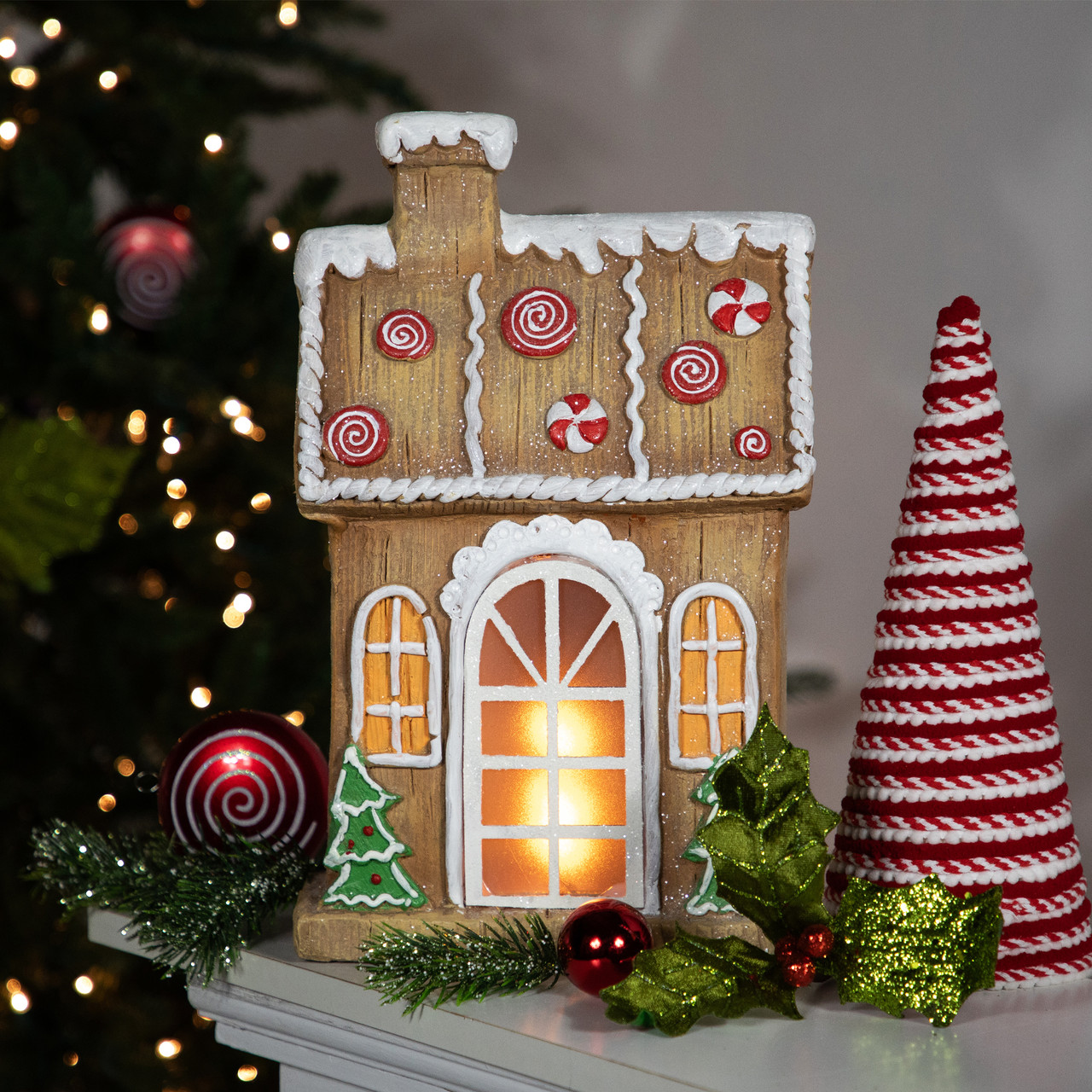 14" LED Lighted Peppermint Gingerbread House Christmas Decoration ...