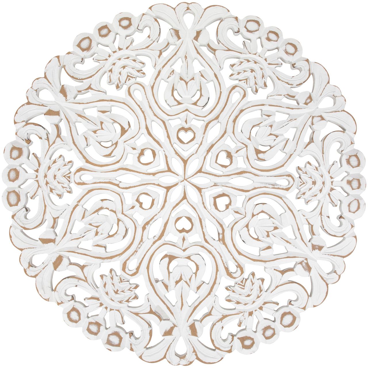 24" Brushed Antique White Damask Round Wall Panel | Christmas Central