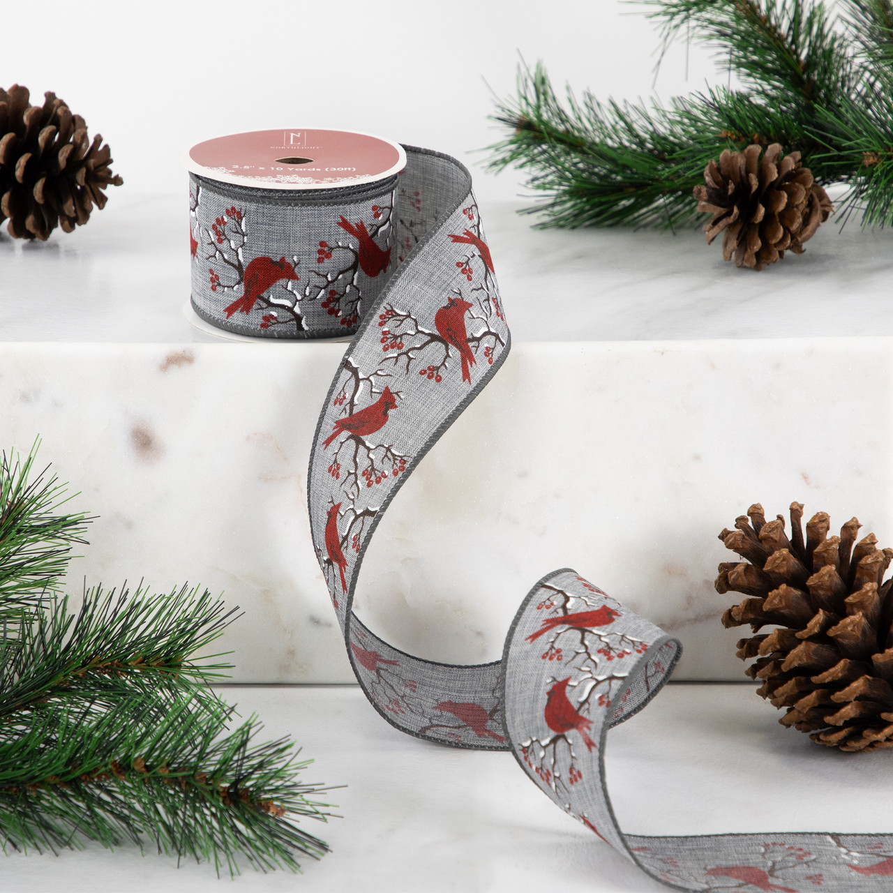 Gray & Red Cardinal Wired Craft Christmas Ribbon 2.5" x 10 Yards ...