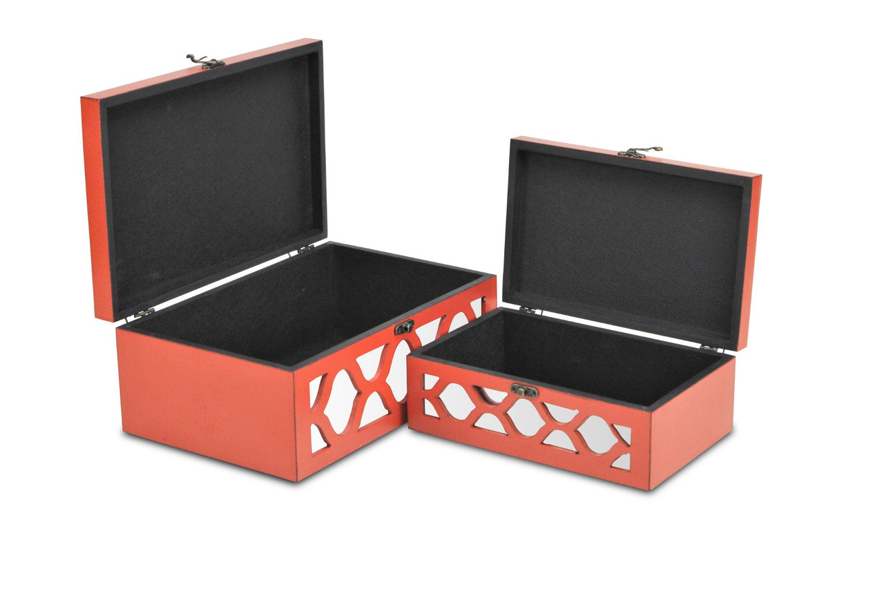 Set of 2 Orange Rectangle Storage Boxes with Overlayed Mirror Panels 12 ...