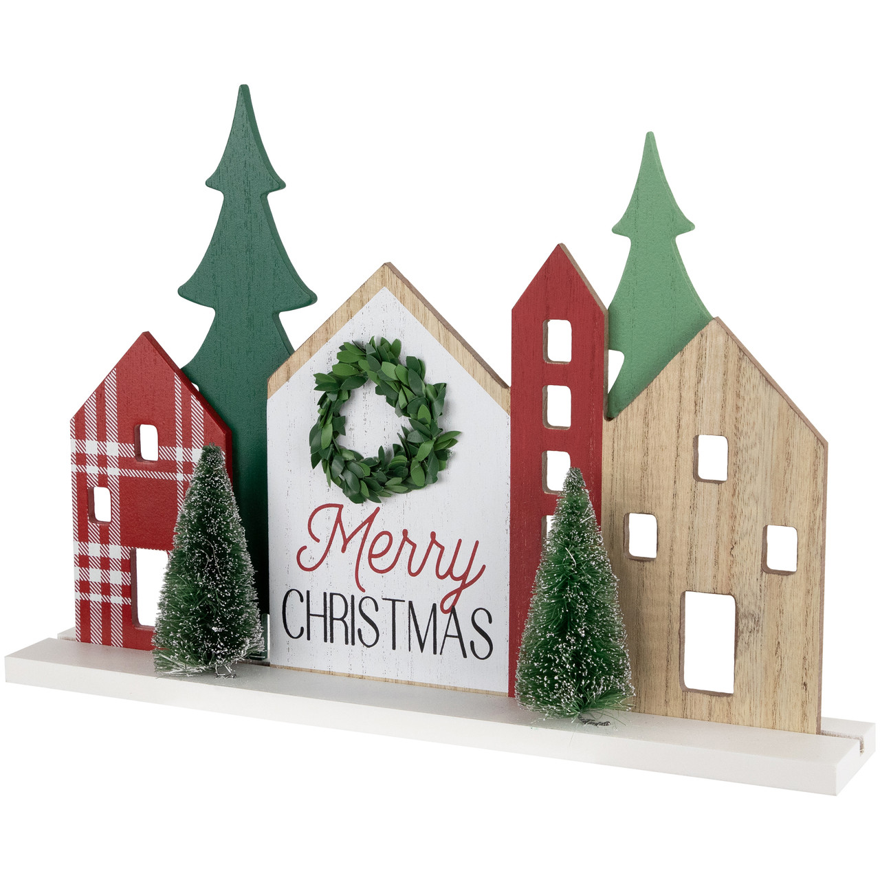 Wooden "Merry Christmas" Houses with Trees Decoration - 15" - Red ...