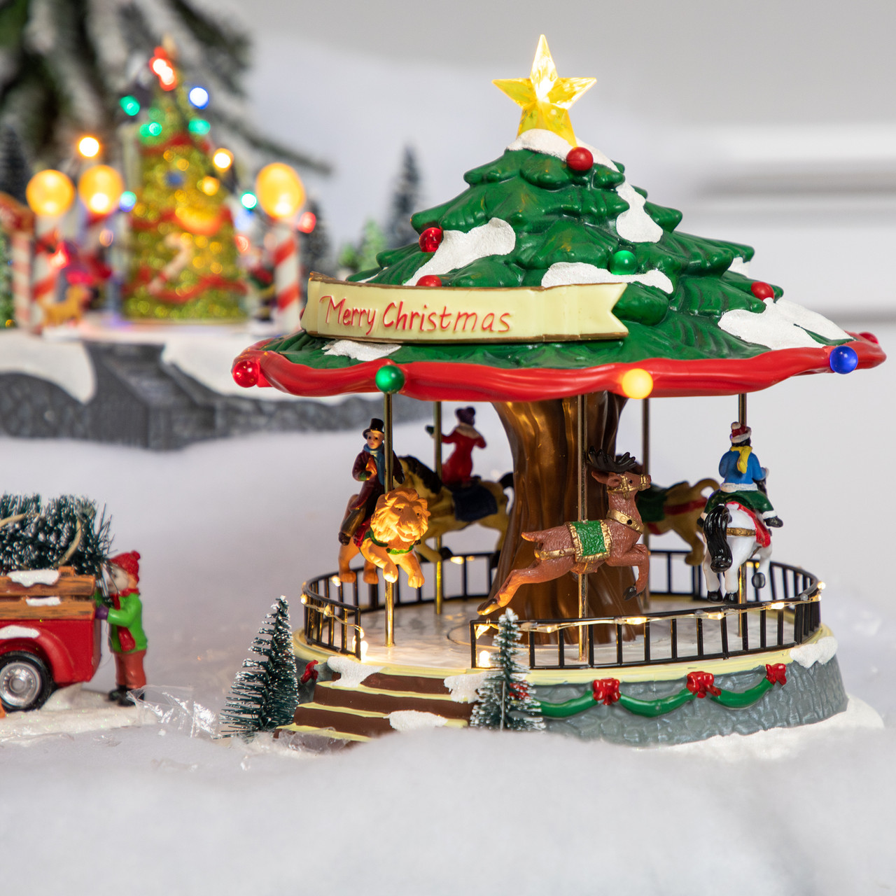 10.5" LED Lighted Musical & Animated Christmas Carousel Village Display ...