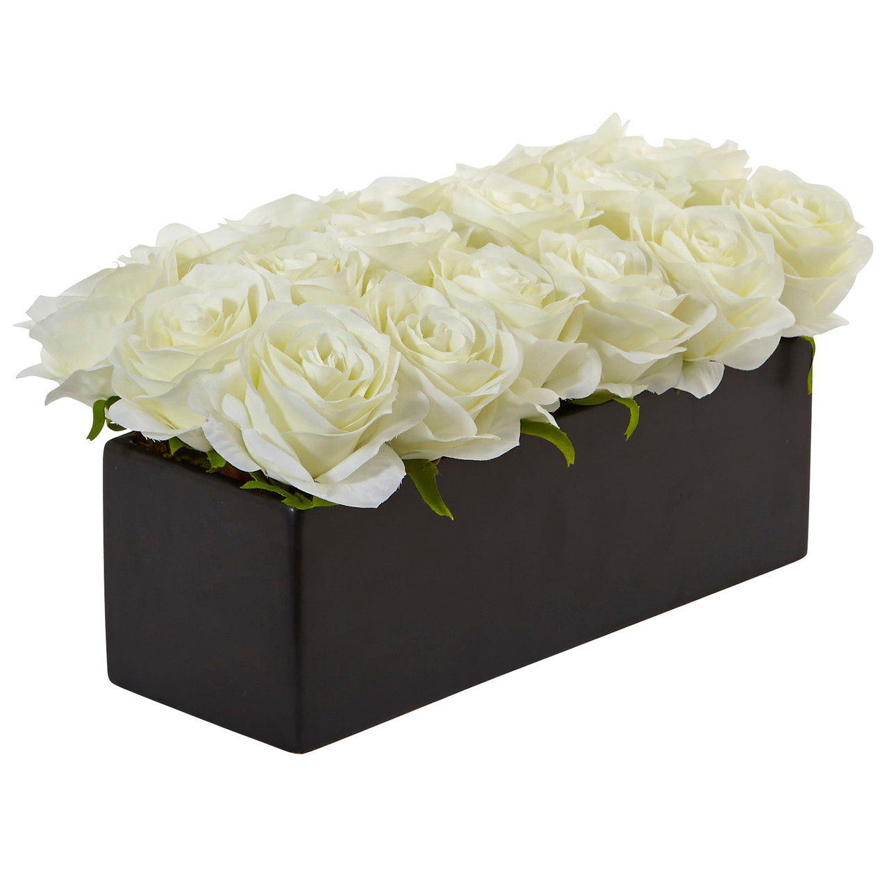 12" White Artificial Silk Roses in Rectangular Planter | Christmas Central
