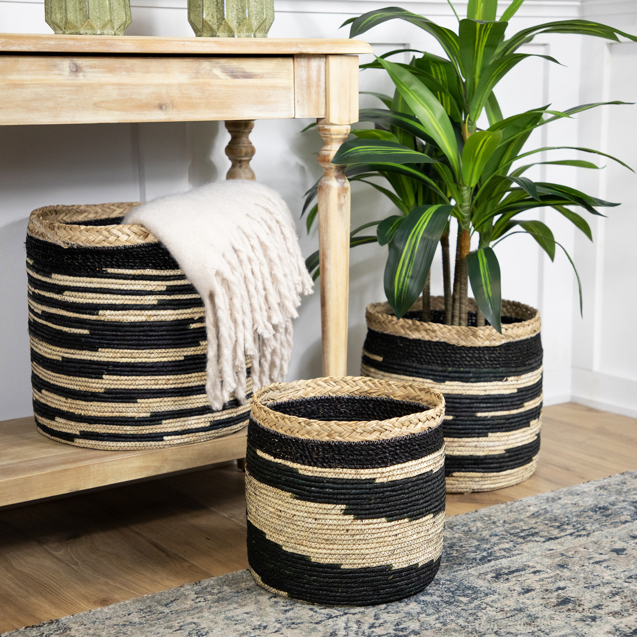 Set of 3 Black & Beige Zig Zag Sew Seagrass Storage Baskets 15.5 ...