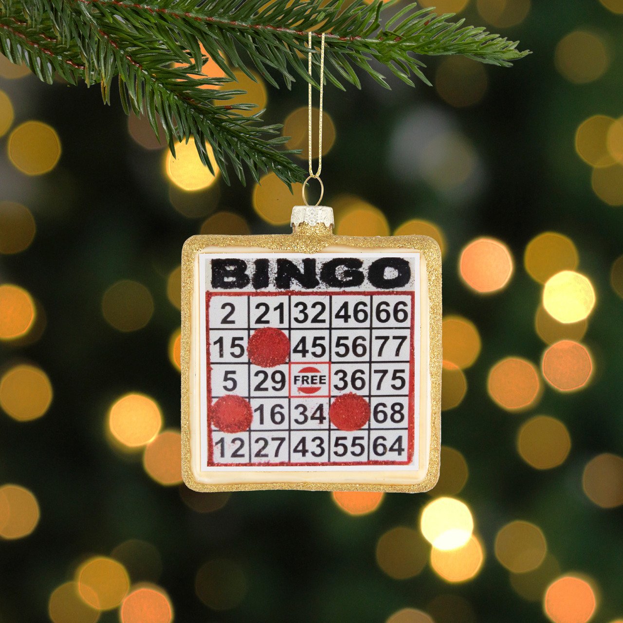 3.5" Golden Bingo Card Glittered Glass Christmas Hanging Ornament ...