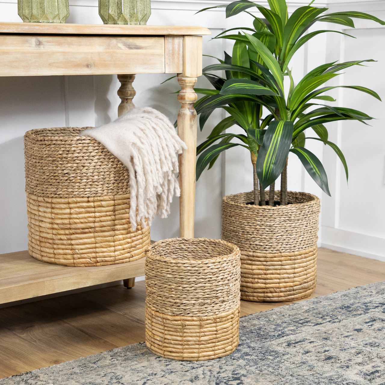 Set of 3 Tan & Brown Twist Woven Round Storage Baskets 13.75 ...