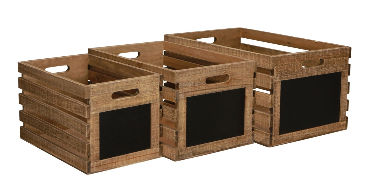 Set of 3 Natural Brown Contemporary Handcrafted Slat Crate 19.5 ...