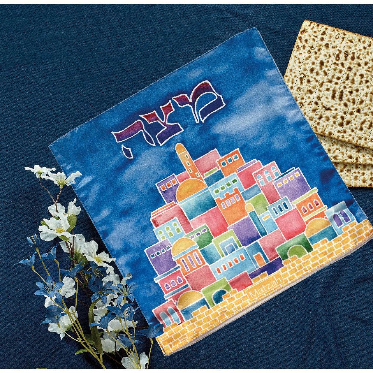 13" Blue & Pink Jerusalem Motif Square Passover Seder Matzah Bag ...