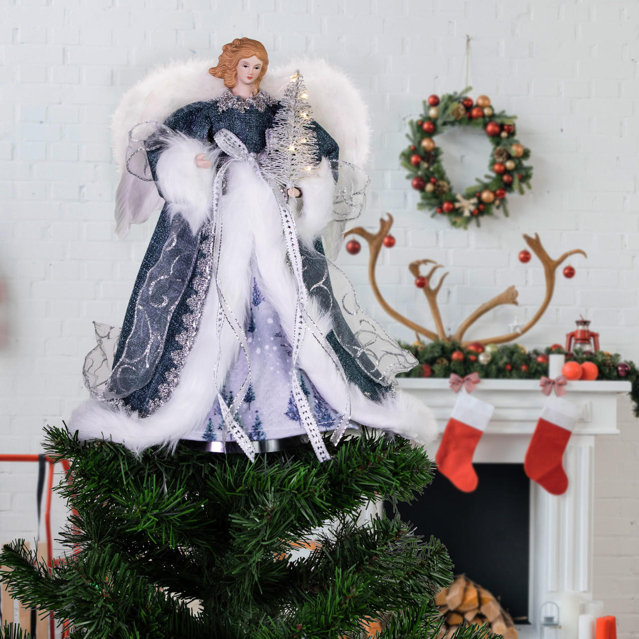Lighted Angel with Faux Fur Wings Christmas Tree Topper - 14" - Blue ...