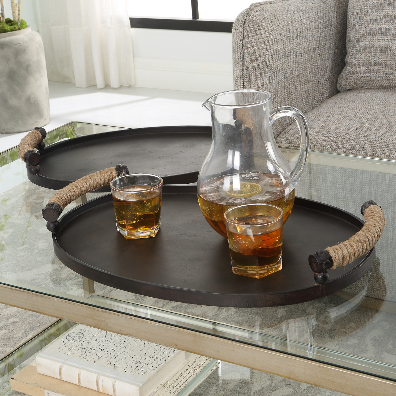 Rustic Decorative Trays with Rope Handle - 22" - Bronze - Set of 2 ...