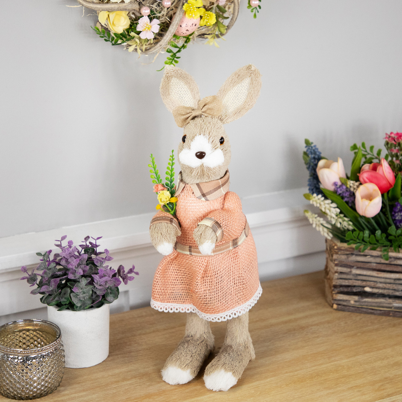Rustic Girl Rabbit Easter Figure with Flowers - 15.25" - Beige ...