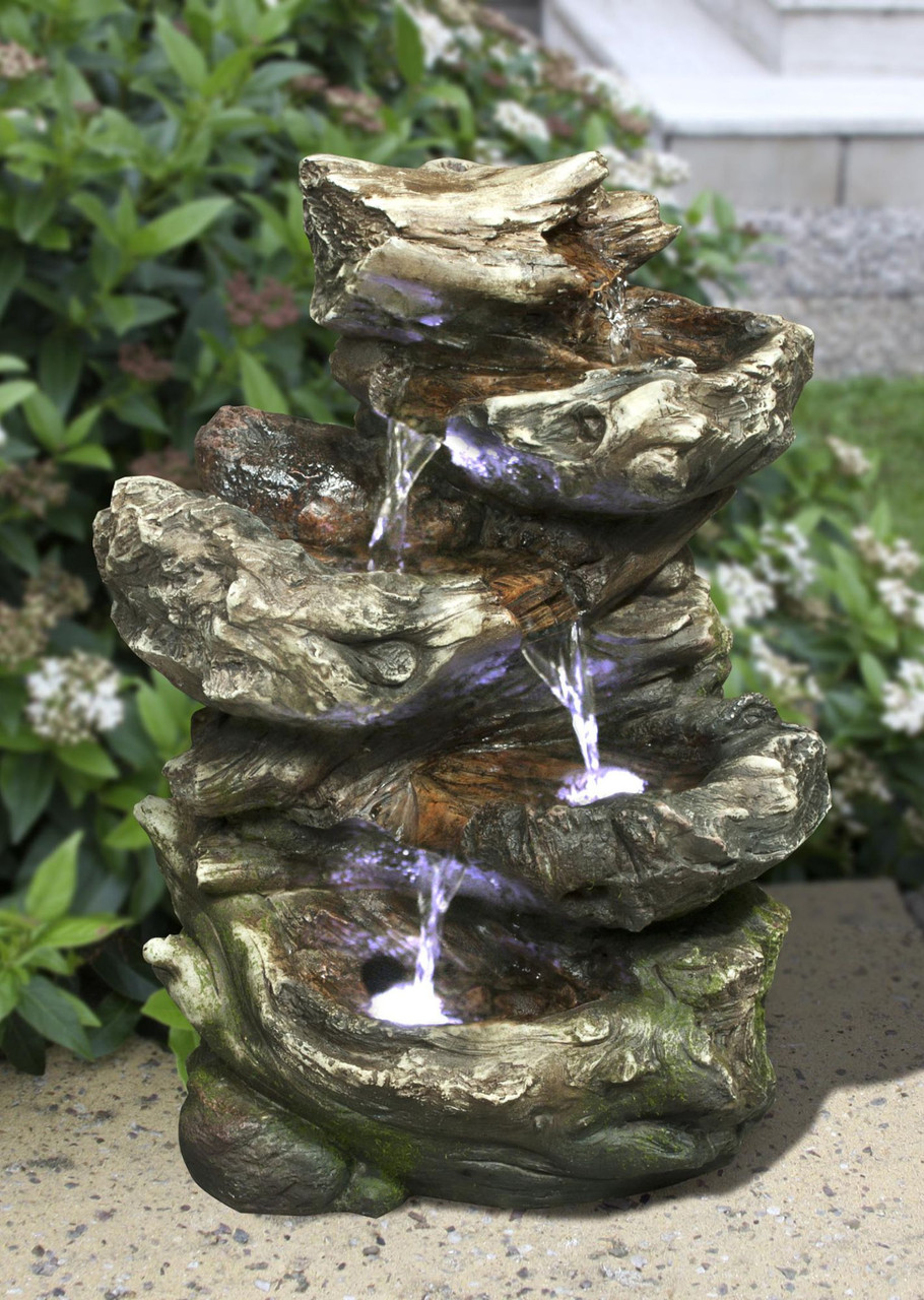 14" LED Lighted Four Level Log Waterfall Outdoor Garden Fountain ...