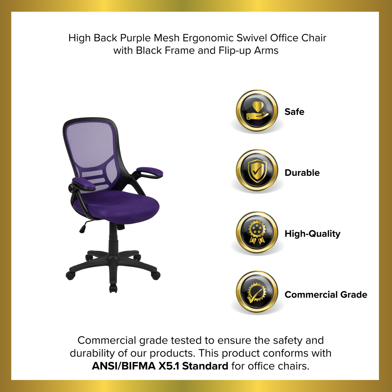 44" Black & Purple High Back Ergonomic Swivel Office Chair with Flip-Up ...